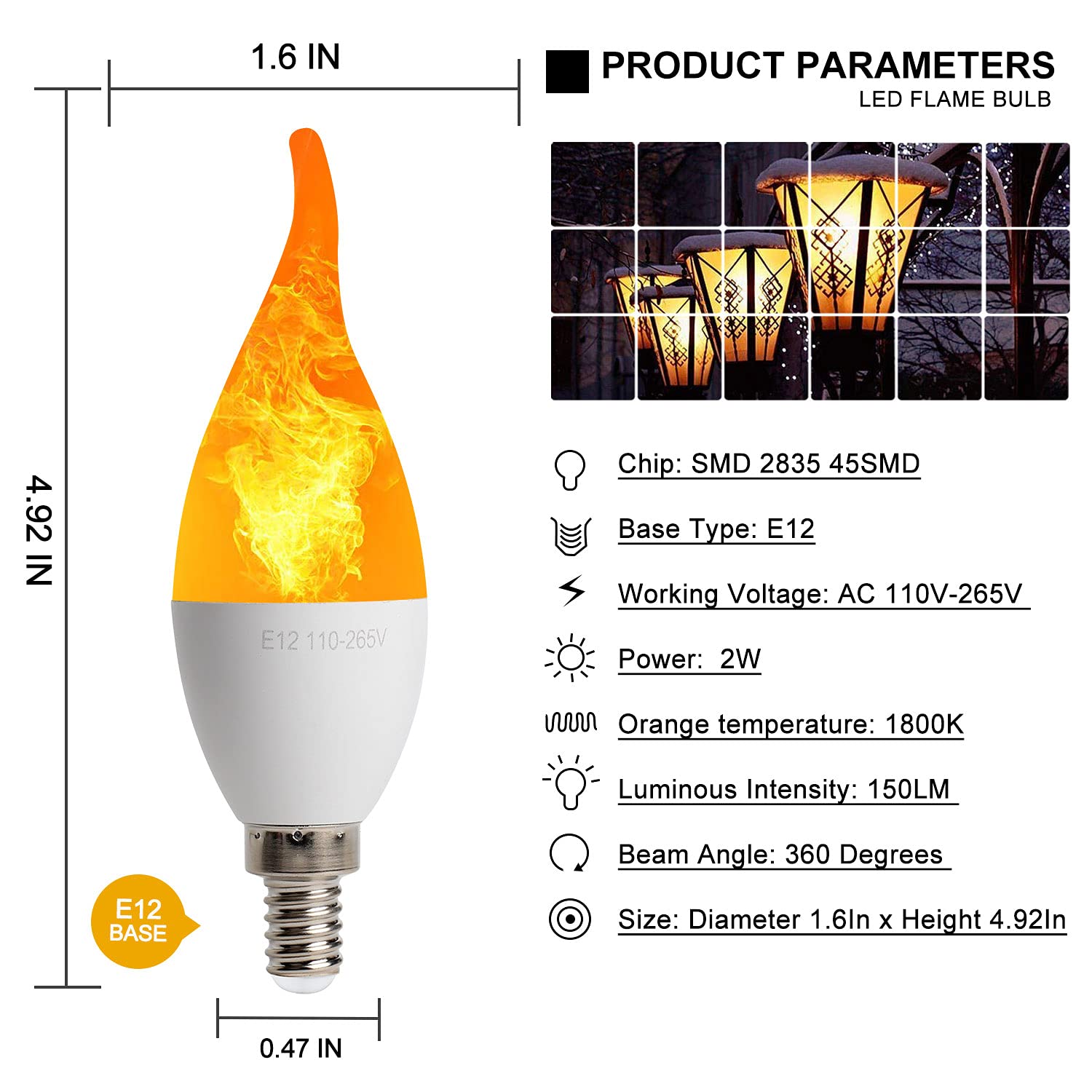 BAILAOYE 6 Pack LED Simulated Fire Flicker Flame Candelabra Bulbs,2W 1800K Warm White Flickering E12 Flame Effect Light,3 Lighting Modes Emulation, General, Breathing for Indoor and Outdoor Decoration