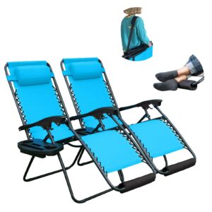 yomifun zero gravity chairs set of two, lawn chair, folding recliner lounge chair, everything included with padded head pillow, holder tray, shoulder strap, footrest cushion, light blue