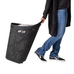 Mind Reader 60L Rolling Laundry Hamper, Clothes Basket, Wheels, Wicker Style, Plastic, 19.5"L x 14.75"W x 29.25"H, Black