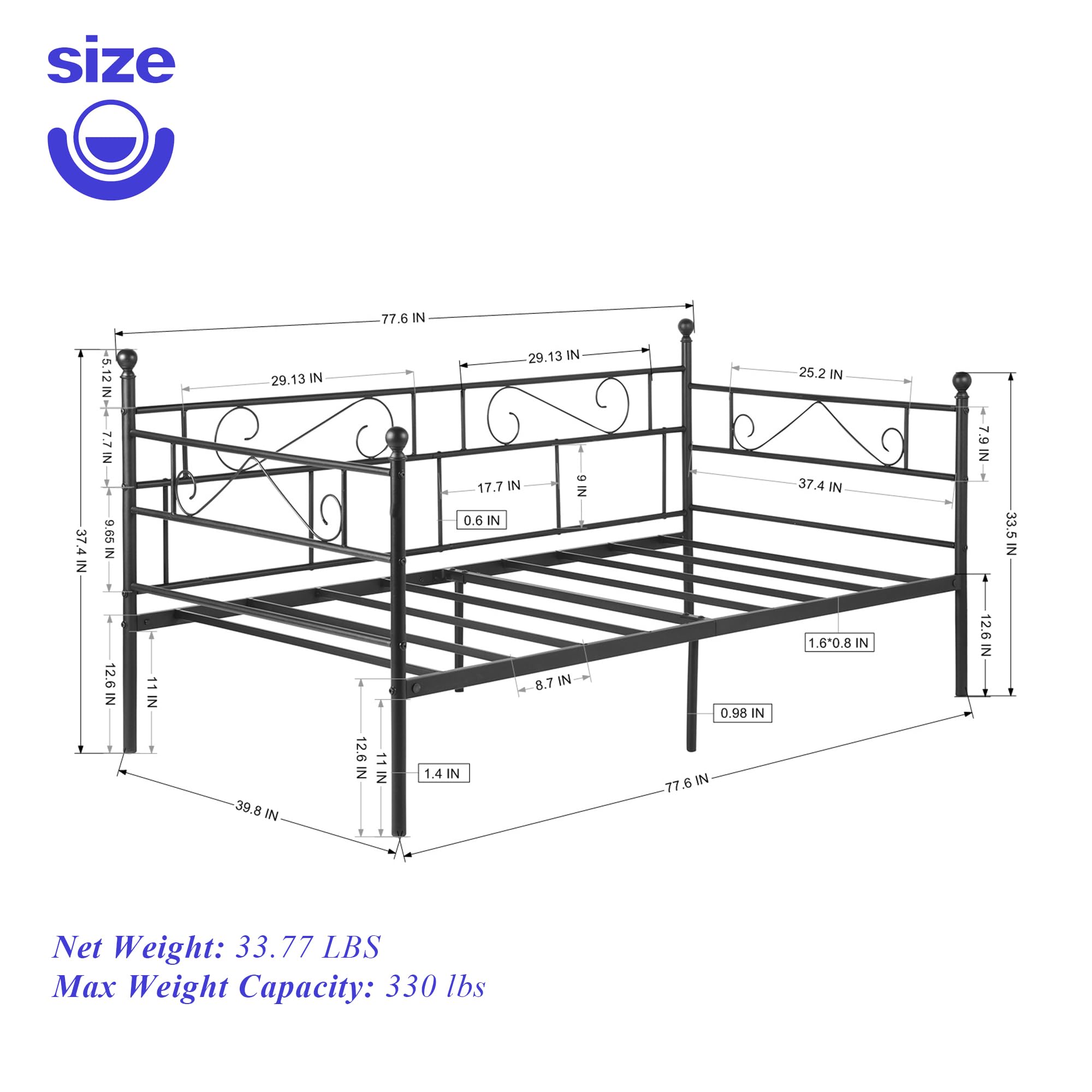 Liink1Ga Metal Daybed Frame Twin Size with Headboard,Square Stable Steel Slats,Mattress Platform Bed Sofa for Living Room Guest Room,Black