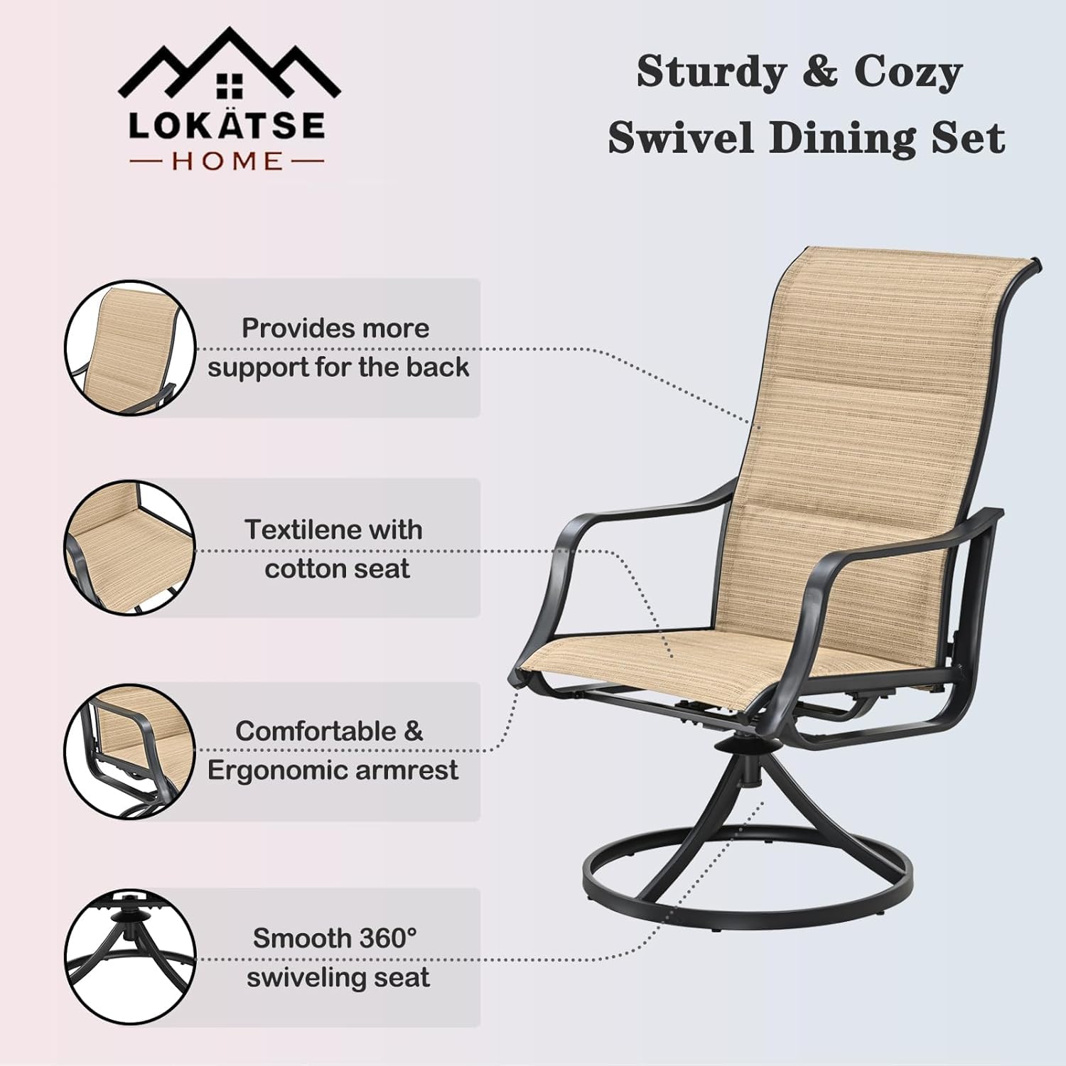 LOKATSE HOME Patio Dining Chair Swivel Set of 2 Outdoor Textilene Fabric with Metal Frame, Beige