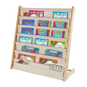 jolensoy 7 tier kids bookshelf, natural wood book rack for children's books, toy storage organizer, bookcase for playroom, nursery, living room (w: 29.5')