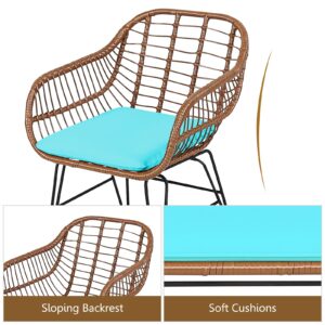 HAPPYGRILL 3 PCS Patio Bistro Set PE Rattan Wicker Armchairs and Coffee Table Set with Cushions for Garden Backyard Balcony Poolside