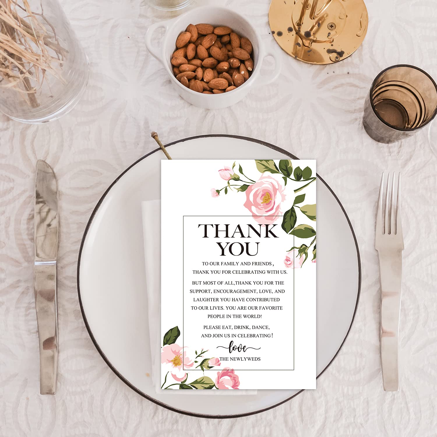 EKSPLODI Floral Thank You Place Setting Cards, Wedding Reception Thank You Cards, Table Centerpieces and Wedding Decorations, Wedding, Bridal, Engagement, Anniversary, 4x6 Inch, Pack of 50