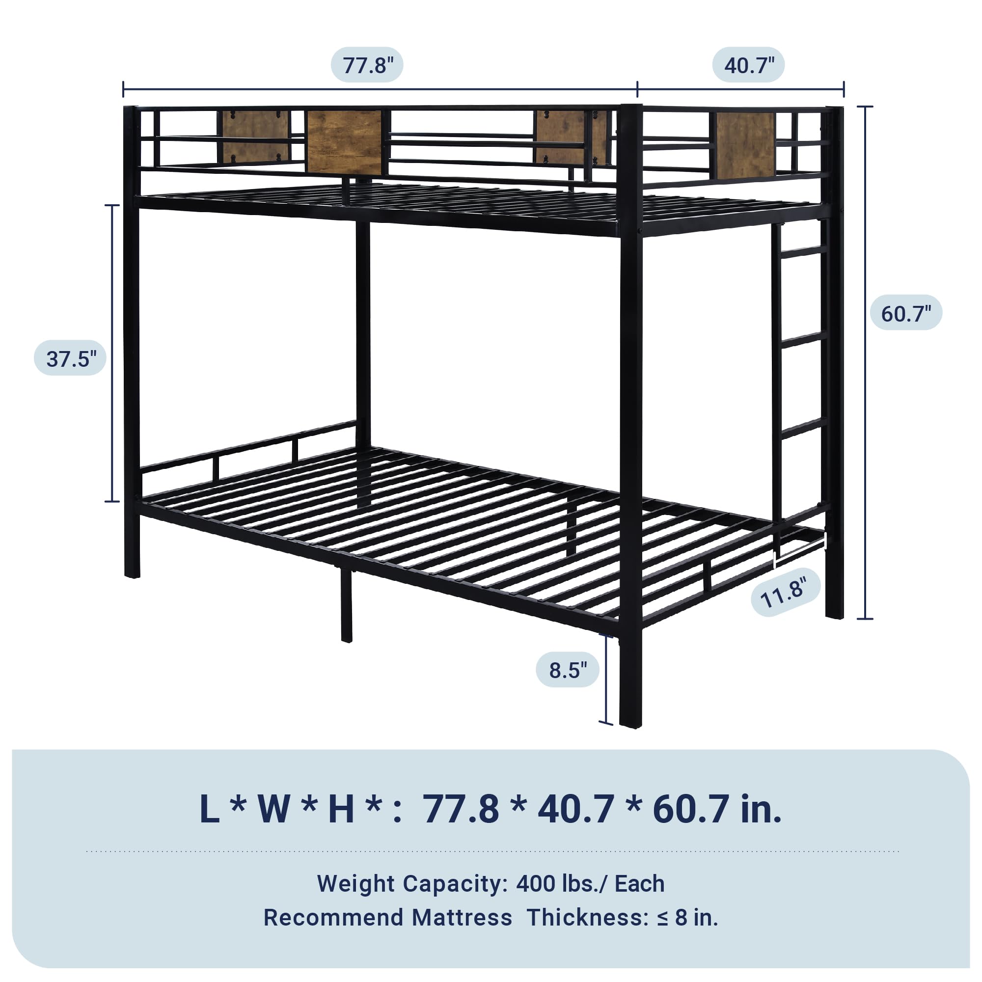 Allewie Twin Over Twin Bunk Bed with Rustic Wooden Accents, Sturdy Metal Frame, Space-Saving Design, Noise-Free, Black