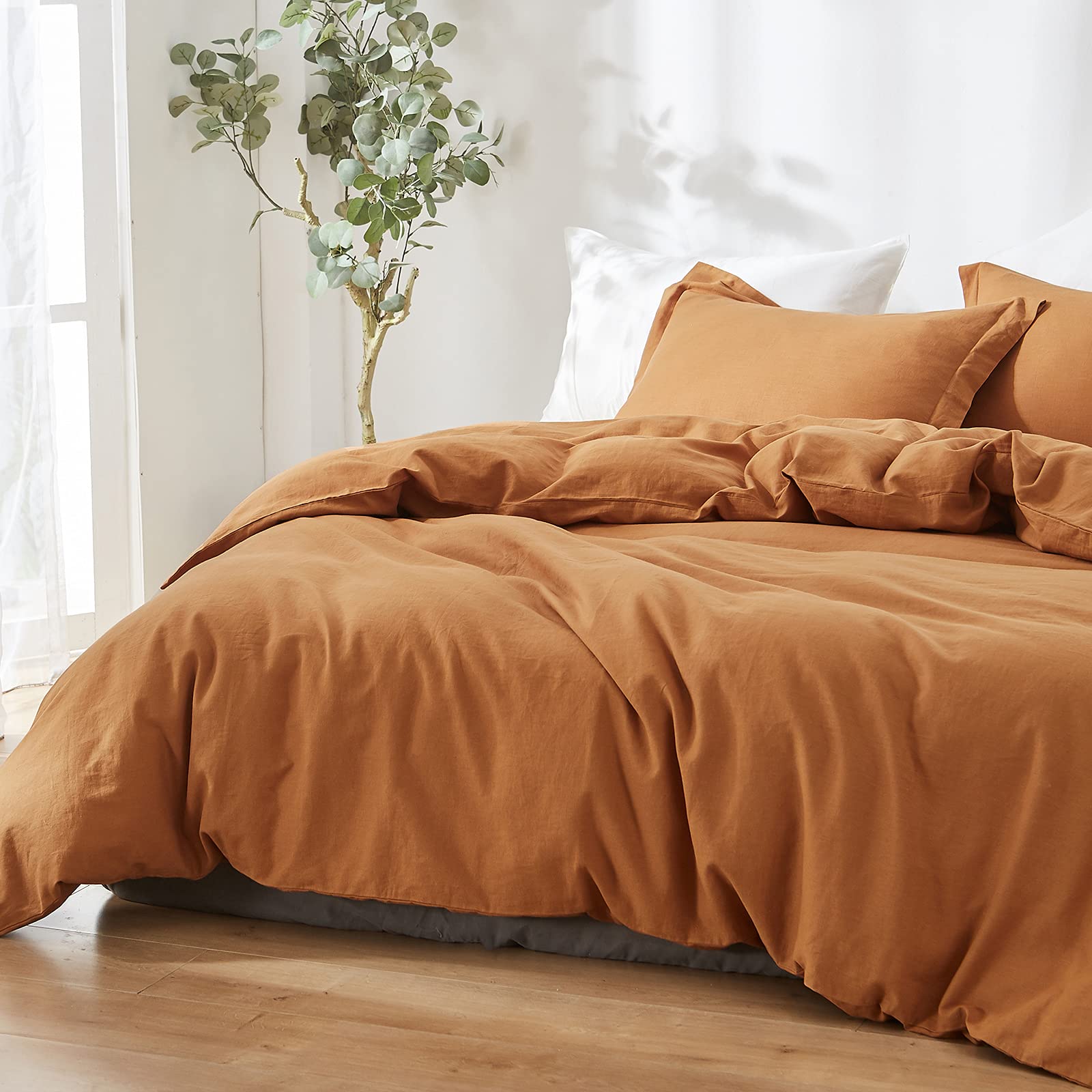 Simple&Opulence French Linen Duvet Cover Set 88" x 92"- 3 Pieces (1 Comforter Cover,2 Pillowcases)- Natural Flax Cotton Blend-Solid Color Breathable Farmhouse Bedding-Rust, Queen