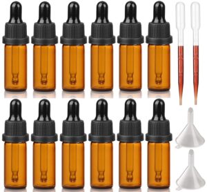 12pcs 5ml amber glass dropper bottle with glass pipette, glass eye dropper bottles refillable for essential oil aromatherapy blends