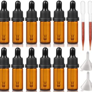 12Pcs 5ml Amber Glass Dropper Bottle with Glass Pipette, Glass Eye Dropper Bottles Refillable for Essential Oil Aromatherapy Blends