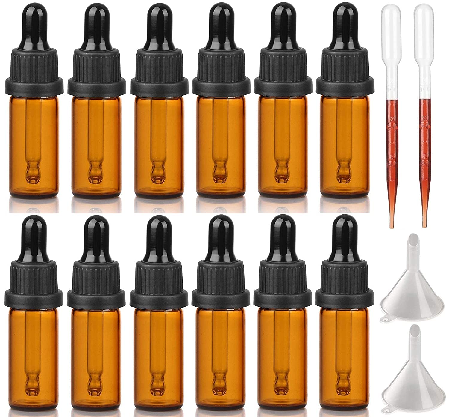 12Pcs 5ml Amber Glass Dropper Bottle with Glass Pipette, Glass Eye Dropper Bottles Refillable for Essential Oil Aromatherapy Blends