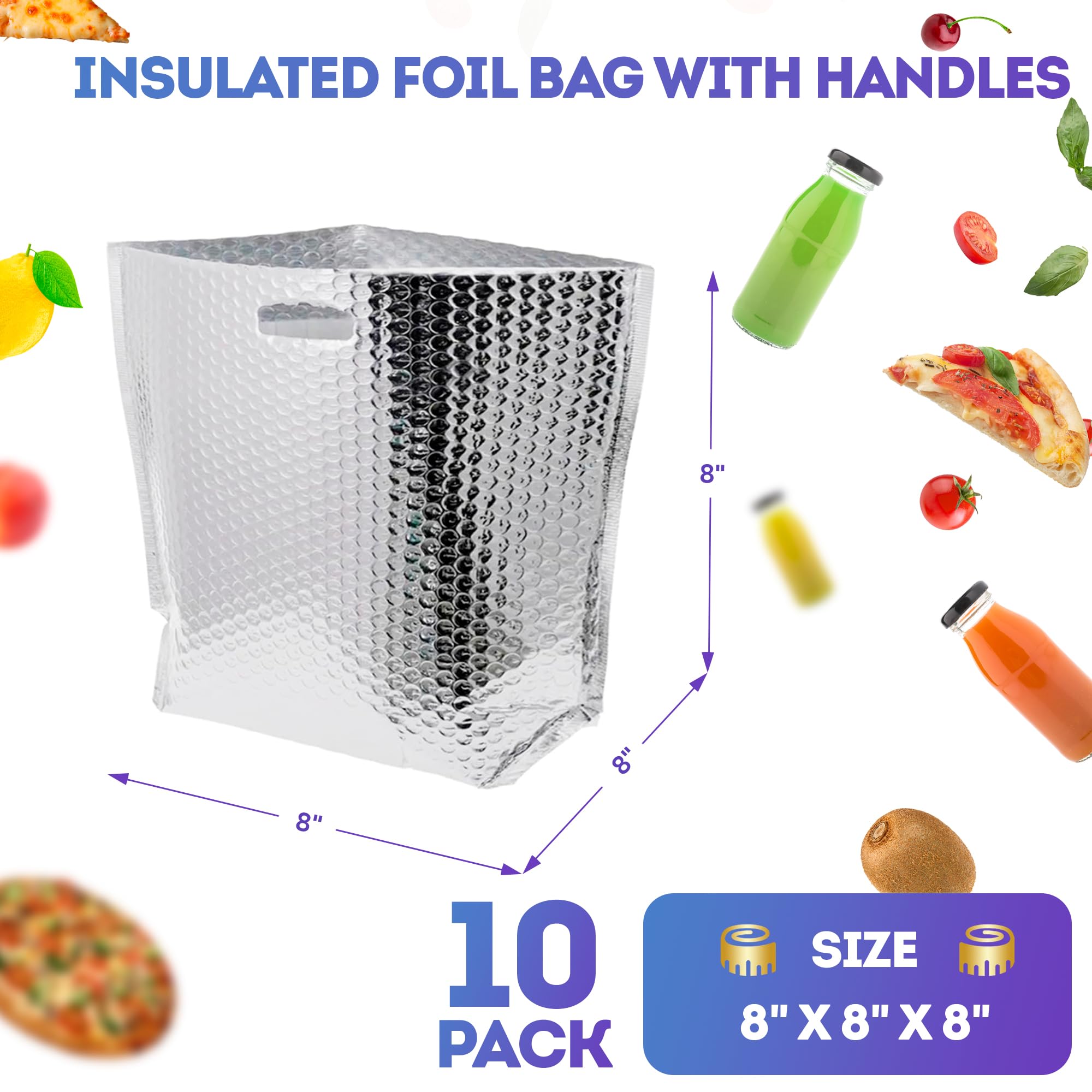 APQ Insulated Foil Bag with Handles, 8 x 8 x 8 Inches. 10 Pack Thermal Bags for Frozen Food. Metallized Foil Insulated Box Liners with Bubble Cushion. Insulated Shipping Bags for Food, Cosmetics