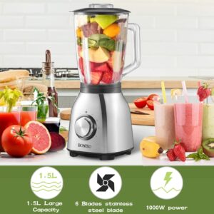 BONISO Countertop Blender High Speed Countertop Kitchen Food Mixer for Blend, Chop, Grind with1.5L/50oz Glass Jar, for Puree, Ice Frozen Fruit Crushing, Nuts Butter, Shakes and Smoothies