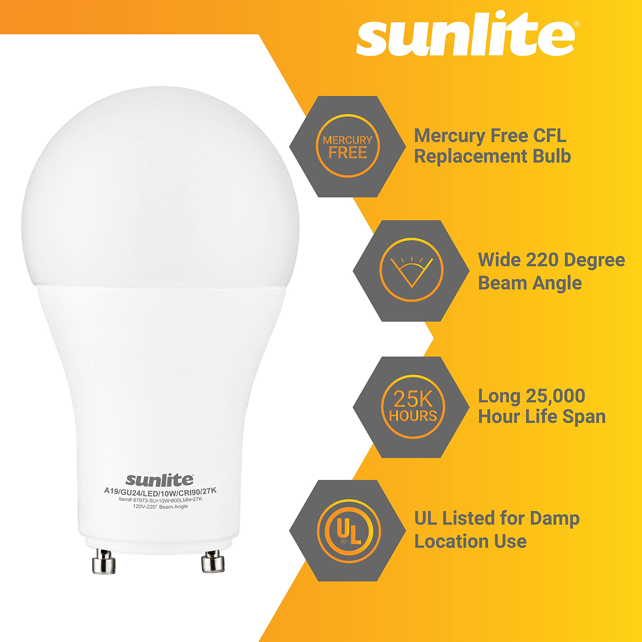 Sunlite A19 GU24 Dimmable Light Bulb, 10 Watts (60W Equivalent) 800 Lumens, 2 Prong LED Twist and Lock Base, 90 CRI, UL Listed, Energy Star, Title 20 Compliant, 2700K Soft White, 6 Pack