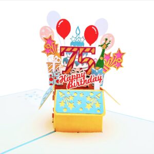 iGifts And Cards Happy 75th Blue Birthday Party Box 3D Pop Up Greeting Card – Seventy-Five, Awesome, Balloons, Unique, Celebration, Feliz Cumpleaños, Fun, Mom, Dad