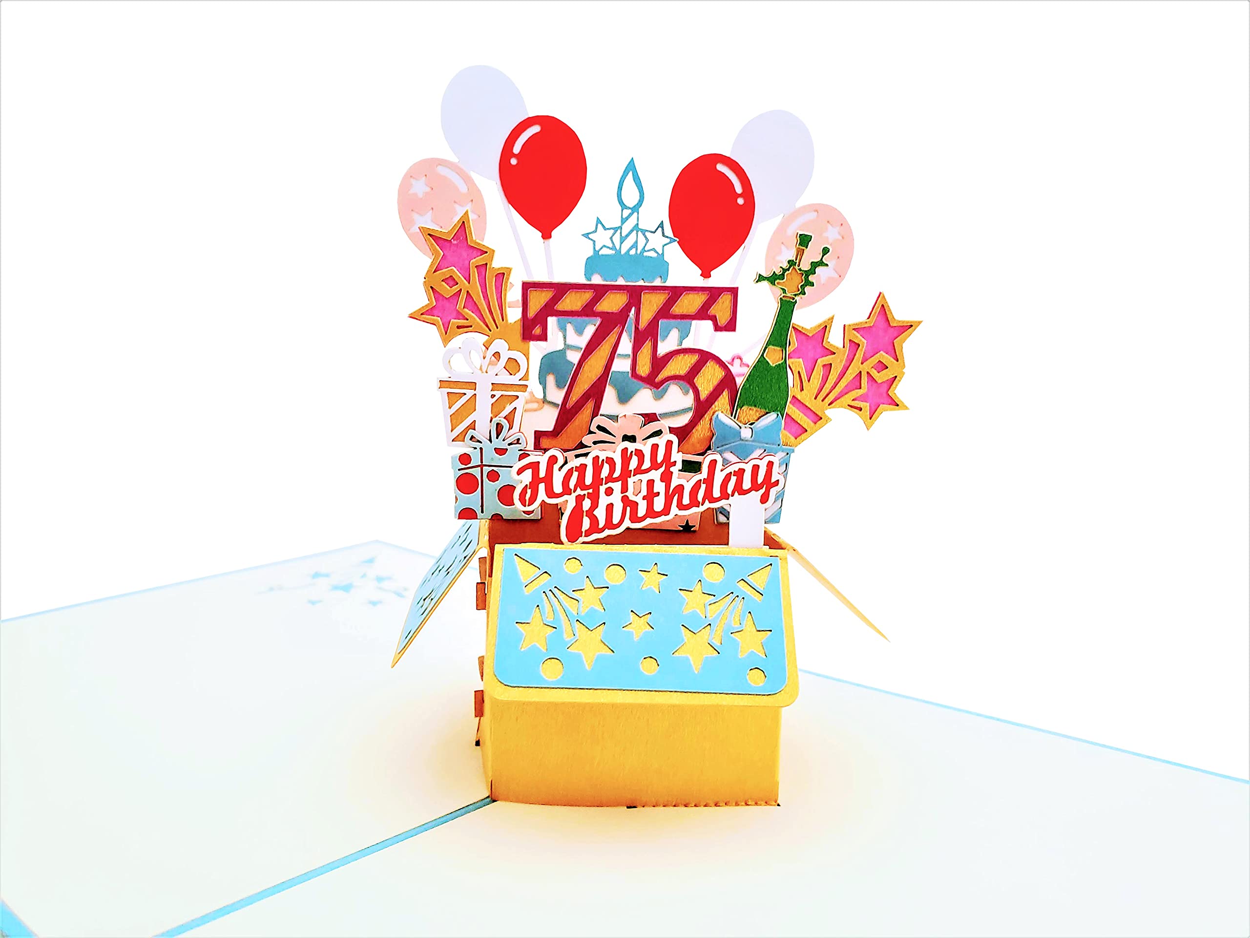 iGifts And Cards Happy 75th Blue Birthday Party Box 3D Pop Up Greeting Card – Seventy-Five, Awesome, Balloons, Unique, Celebration, Feliz Cumpleaños, Fun, Mom, Dad