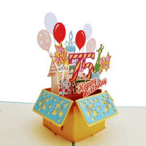 iGifts And Cards Happy 75th Blue Birthday Party Box 3D Pop Up Greeting Card – Seventy-Five, Awesome, Balloons, Unique, Celebration, Feliz Cumpleaños, Fun, Mom, Dad