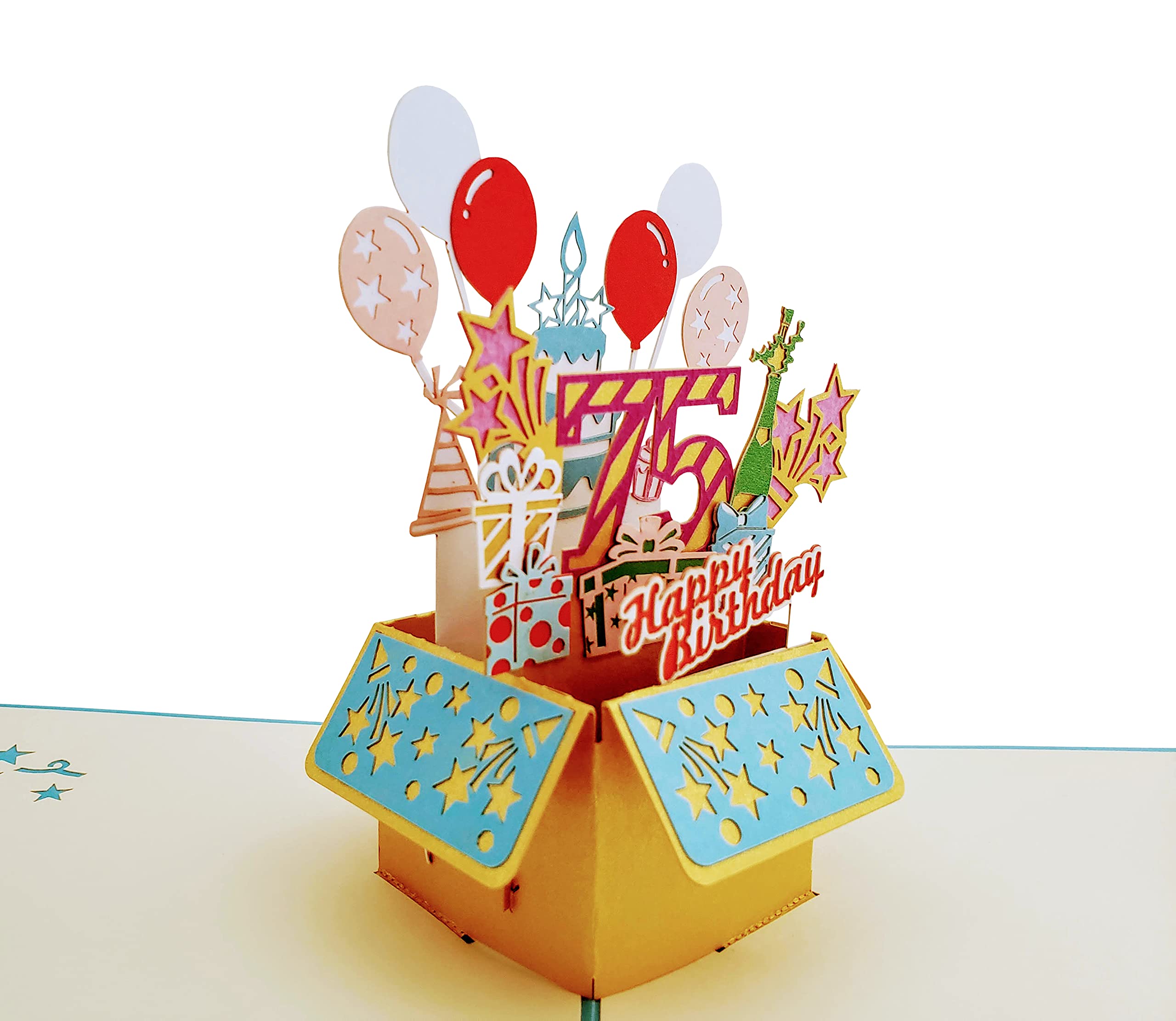 iGifts And Cards Happy 75th Blue Birthday Party Box 3D Pop Up Greeting Card – Seventy-Five, Awesome, Balloons, Unique, Celebration, Feliz Cumpleaños, Fun, Mom, Dad