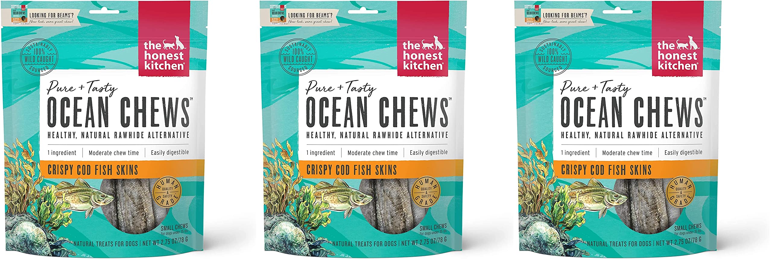 The Honest Kitchen 3 Pack of Crispy Cod Fish Skins Small Chews for Dogs, 2.75 Ounces Each, Single Ingredient