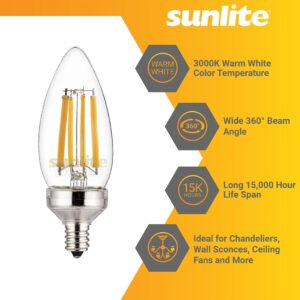 Sunlite 40271 LED Edison B11 Torpedo Tip Chandelier Light Bulb, 8.8 Watts (75 W Equivalent), 800 Lumens, Candelabra E12 Base, Dimmable, UL Listed, Title 20 Compliant, 90 CRI, 3000K Warm White, 6 Pack