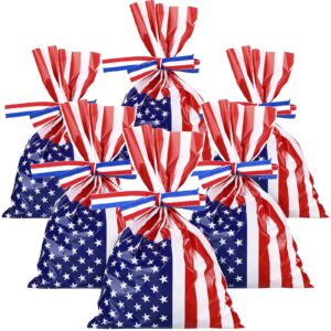 100 pcs patriotic cellophane treat bags 4th of july candy goodie bags memorial day independence day red white blue star loot bags with 22 yards ribbon 4th of july party favor decor, 6 x 9 inch