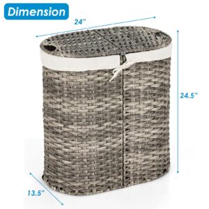 Giantex Double Laundry Hamper with Lid, Oval Laundry Basket with 2 Removable Liner Bags, Portable Handwoven Clothes Sorter Bin for Living Room Bedroom Laundry (Gray)