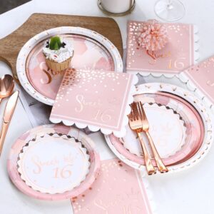 Rose Gold Sweet 16 Birthday Decorations for Girls - Serves 16 - Includes Sweet 16th Plates and Napkins Party Supplies Cups Cutlery for Sweet Sixteen Party