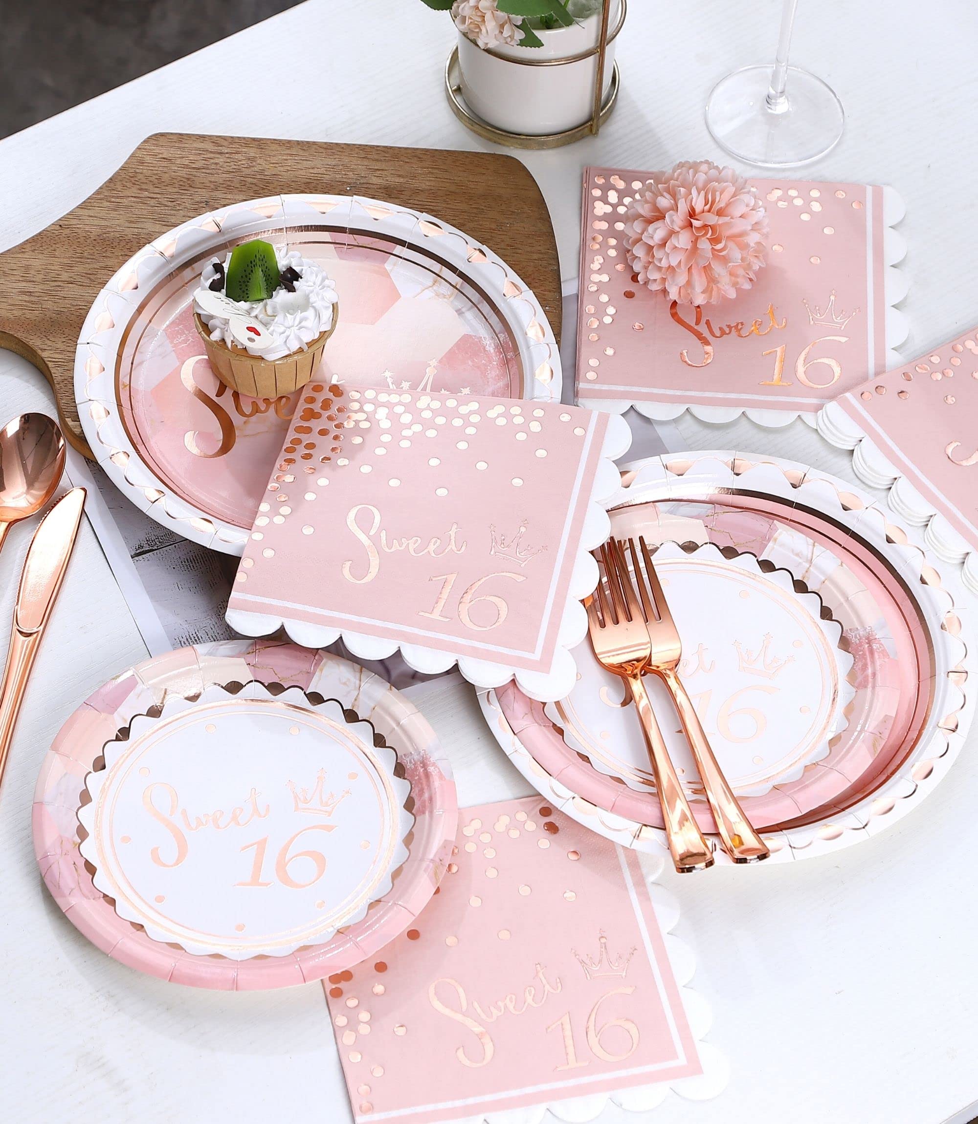 Rose Gold Sweet 16 Birthday Decorations for Girls - Serves 16 - Includes Sweet 16th Plates and Napkins Party Supplies Cups Cutlery for Sweet Sixteen Party