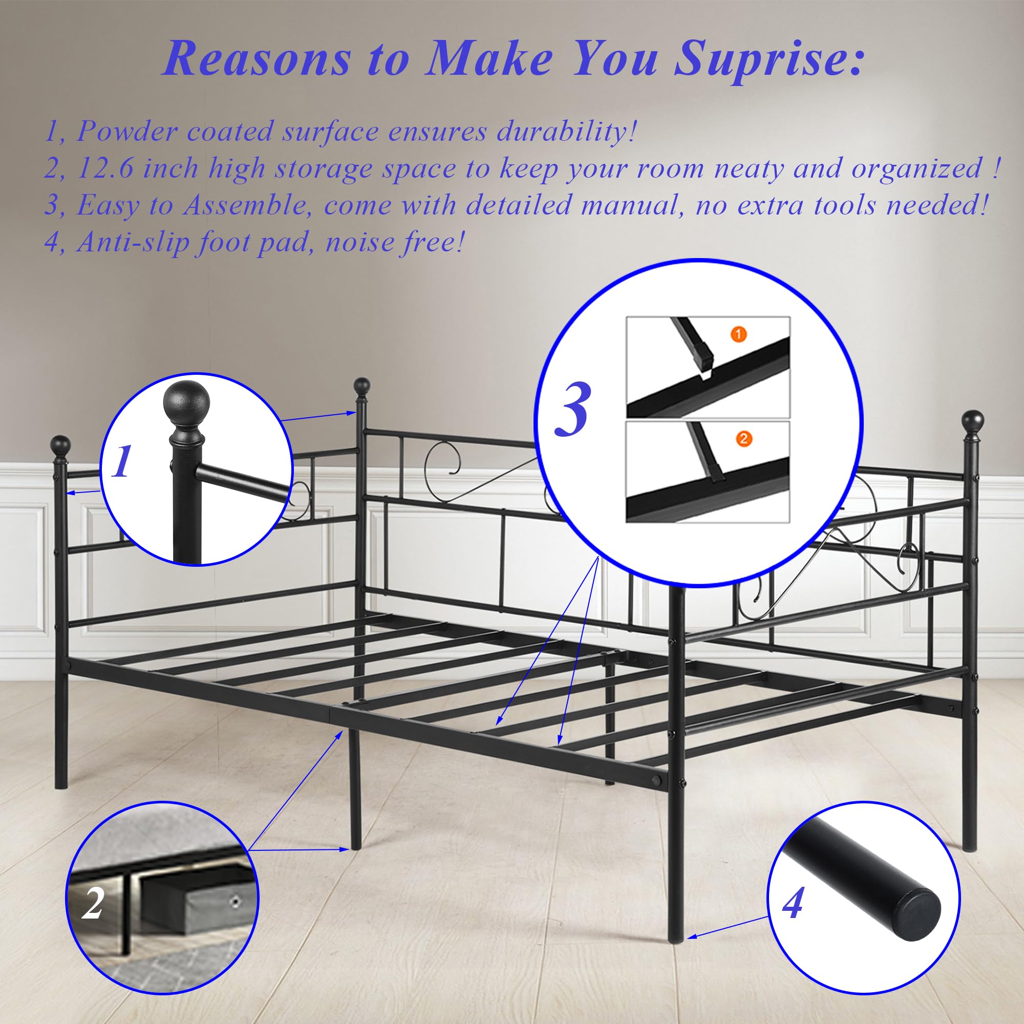 Liink1Ga Metal Daybed Frame Twin Size with Headboard,Square Stable Steel Slats,Mattress Platform Bed Sofa for Living Room Guest Room,Black