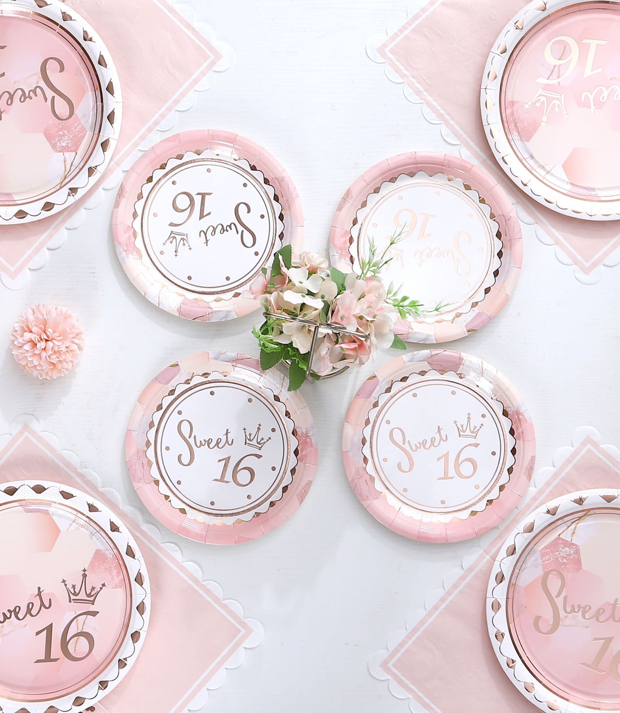 Rose Gold Sweet 16 Birthday Decorations for Girls - Serves 16 - Includes Sweet 16th Plates and Napkins Party Supplies Cups Cutlery for Sweet Sixteen Party