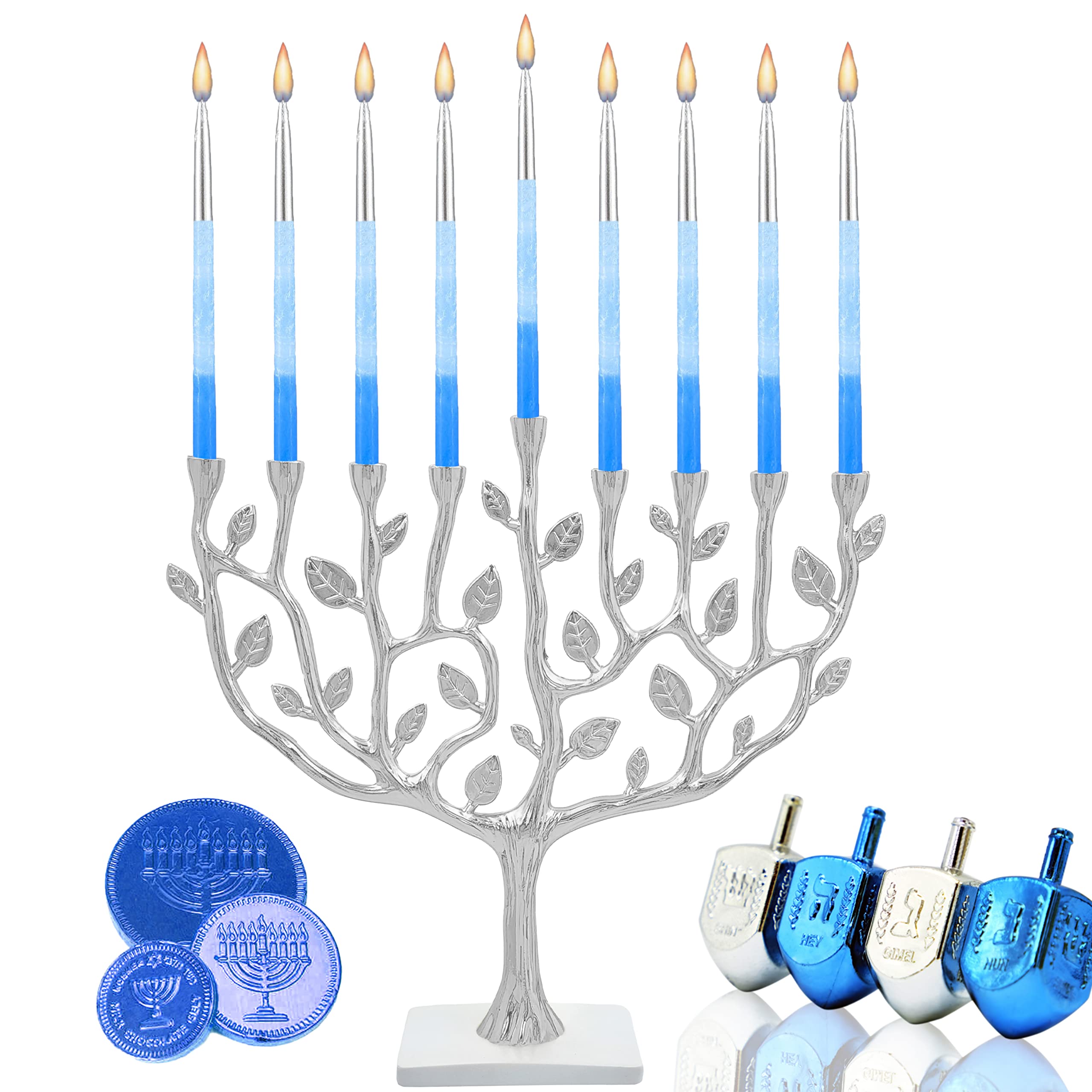 The Dreidel Company Metallic Hanukkah Frosted Premium Tapered Hand Decorated Chanuka Candles (Metallic Silver w/Blue Frost)