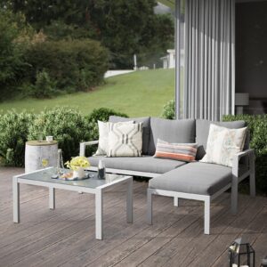 Soleil Jardin Outdoor Patio Furniture Set with Chaise Lounge, Aluminum Sofa Set for Porch Garden, Space Saving L-Shaped Corner Sectional Chair with Glass Coffee Table, White Finish & Grey Cushion