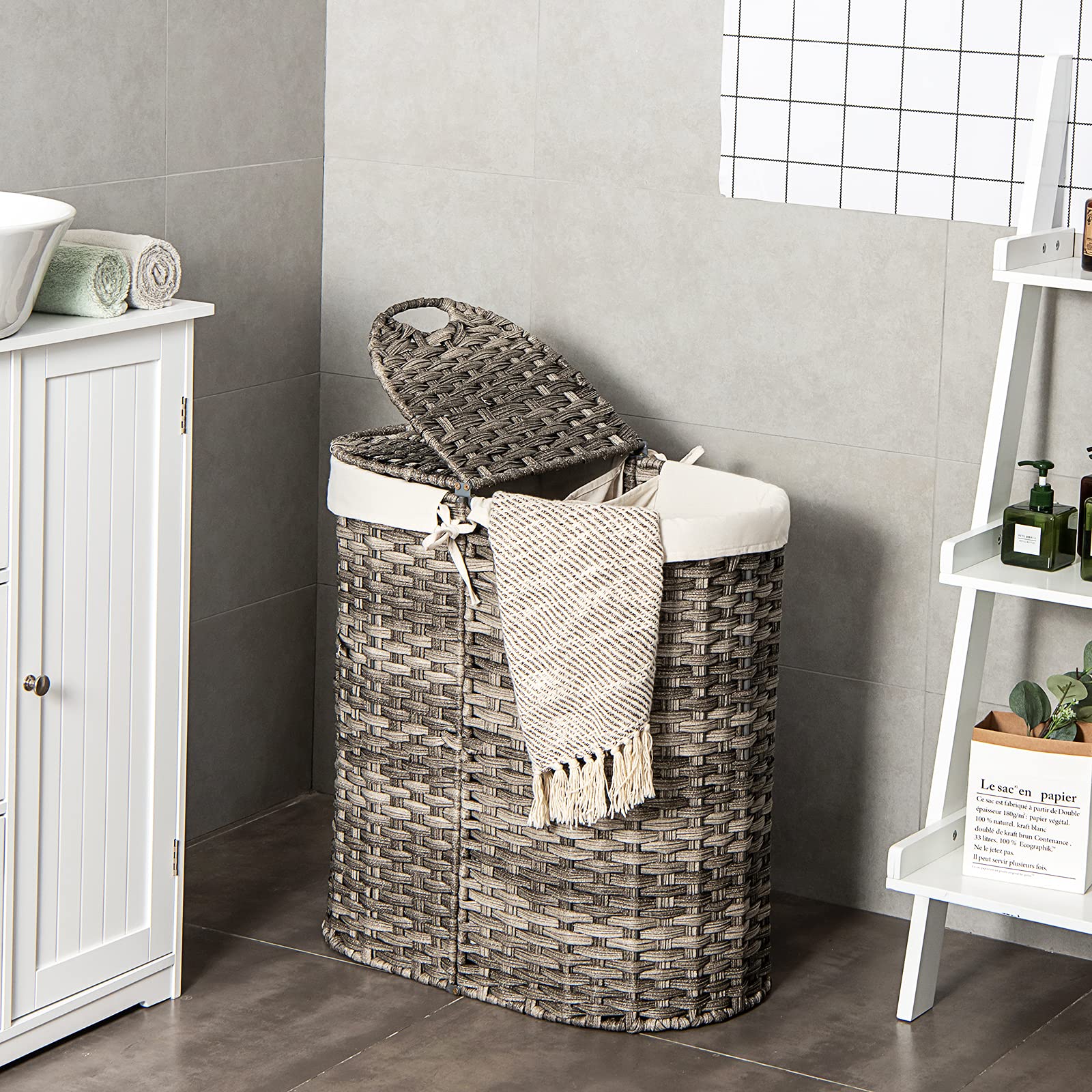 Giantex Double Laundry Hamper with Lid, Oval Laundry Basket with 2 Removable Liner Bags, Portable Handwoven Clothes Sorter Bin for Living Room Bedroom Laundry (Gray)