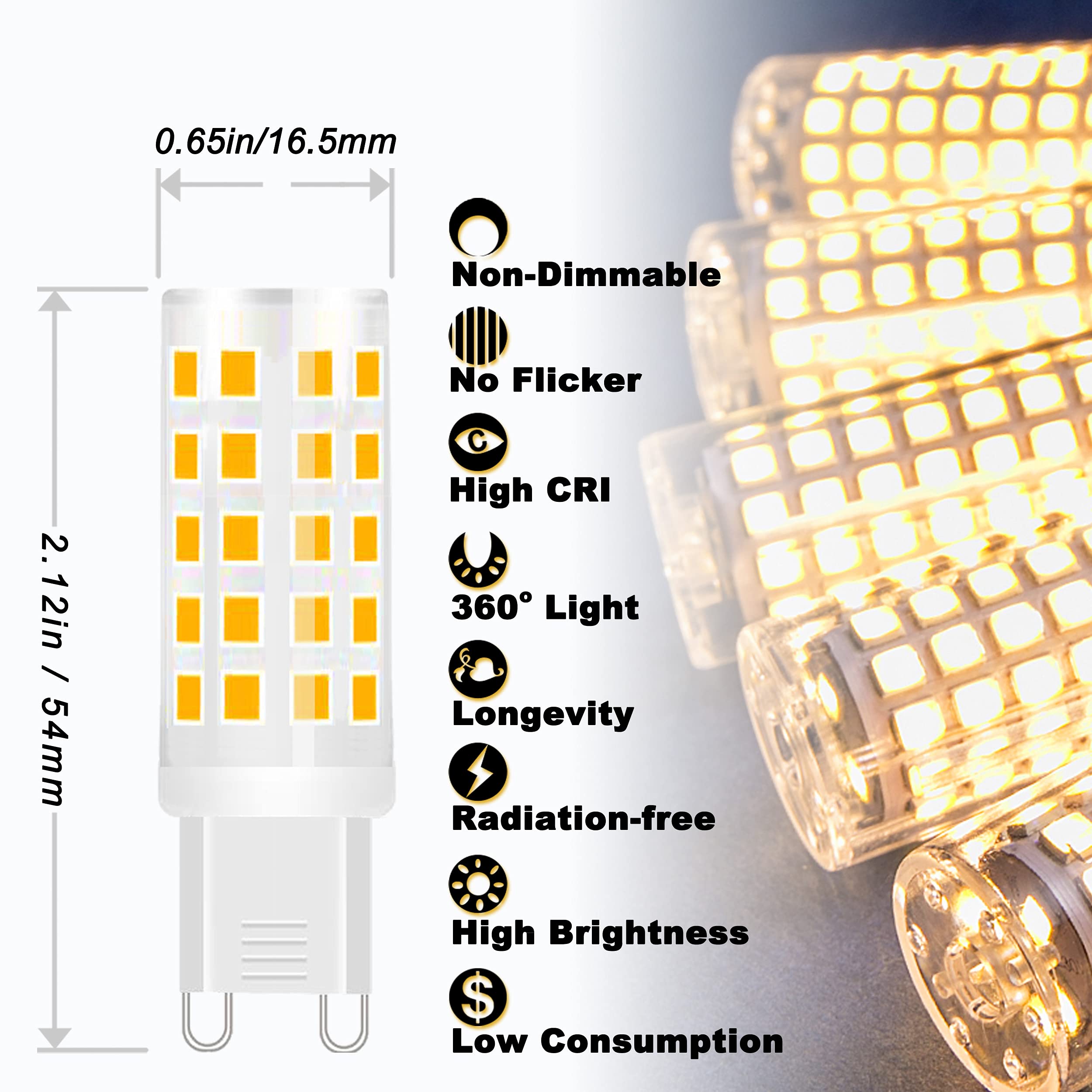 ALIDE G9 Led Bulbs 5W Replace 50 Watt 60 Watt Halogen Equivalent,2700K Soft Warm White, AC120V T4 G9 Bi-pin Led Bulbs for Chandelier Lighting,550LM,10Pack, Non-dimmable