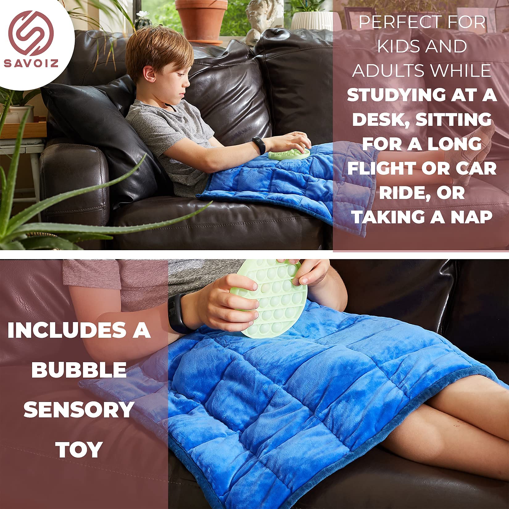 SAVOIZ -Weighted Lap Pad for Kids 5 pounds - Great Sensory Weighted Lap Blanket for Kids in School & On-The-Go - Calming Sensory Pad -Includes Fidget Toy