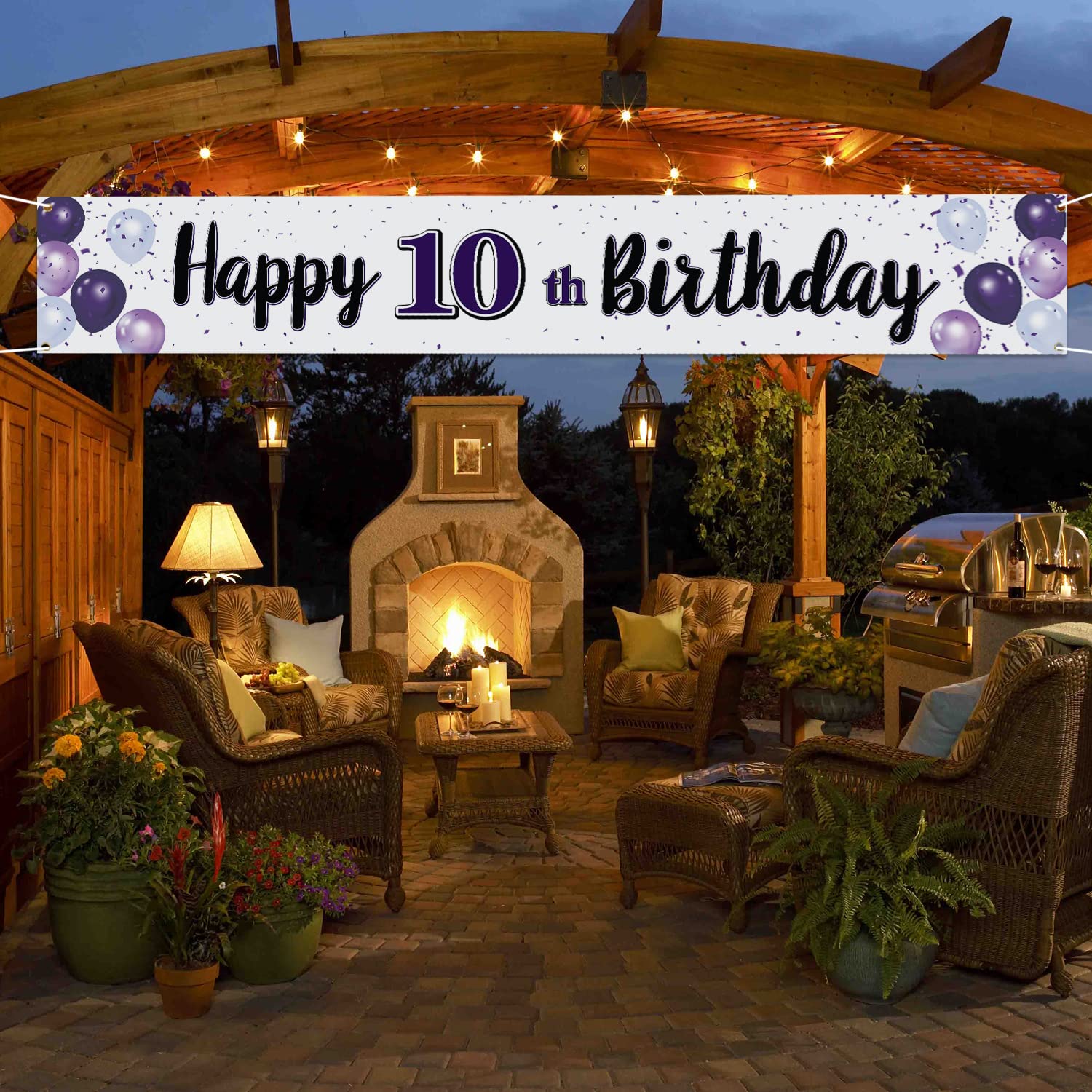 LASKYER Happy 10th Birthday Decorations,10th Purple Balloon Large Birthday Hanging Banner Sign,Cheers to Ten Years Old Bday Party Supplies.