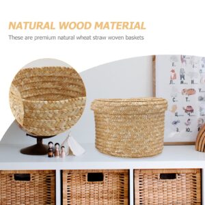 Cabilock 2pcs Straw Storage Basket Desktop Wicker Magazine Baskets Hampers for Laundry with Lid Seagrass Storage Baskets Snack Container Wheat Straw Decorative Basket to Weave