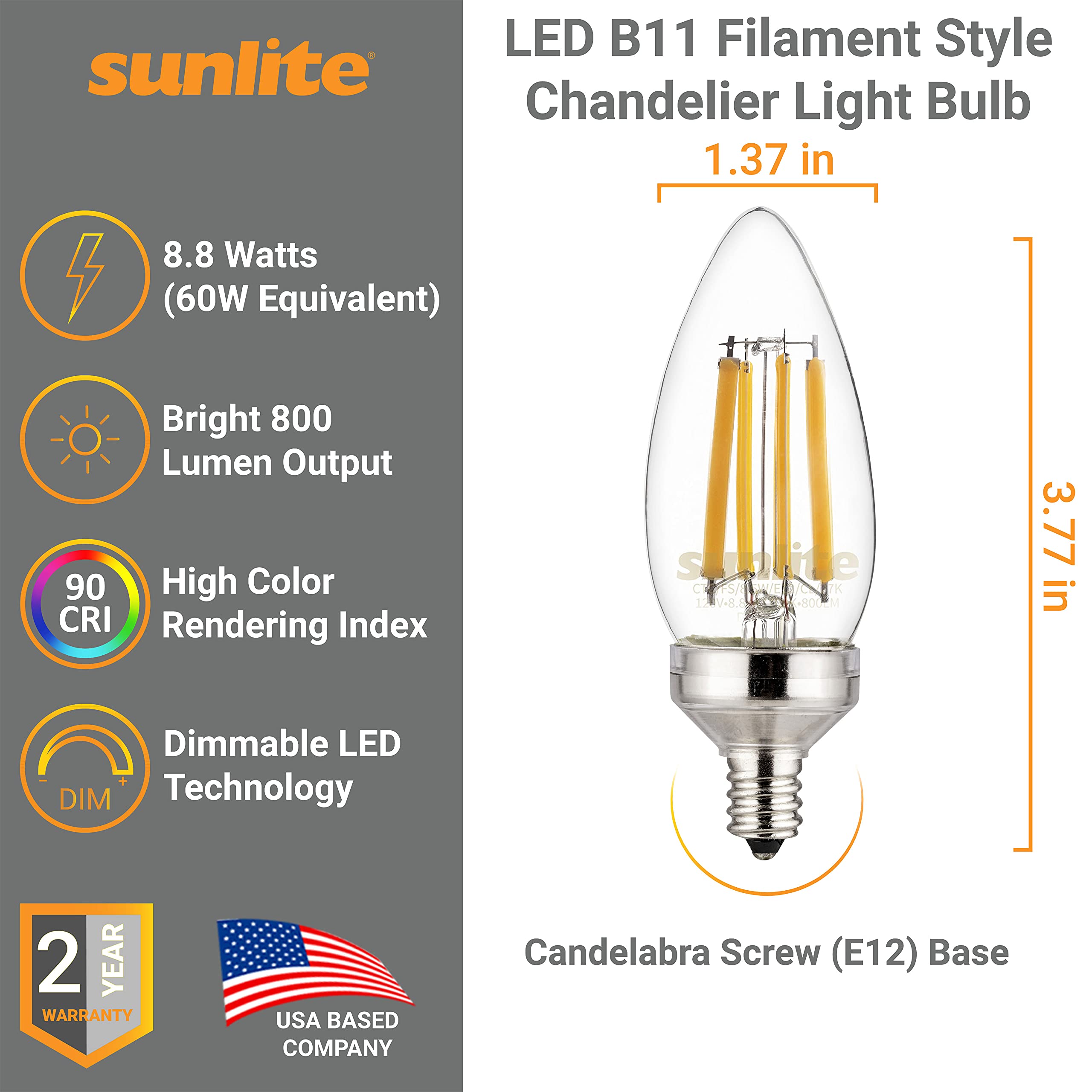 Sunlite 40271 LED Edison B11 Torpedo Tip Chandelier Light Bulb, 8.8 Watts (75 W Equivalent), 800 Lumens, Candelabra E12 Base, Dimmable, UL Listed, Title 20 Compliant, 90 CRI, 3000K Warm White, 6 Pack