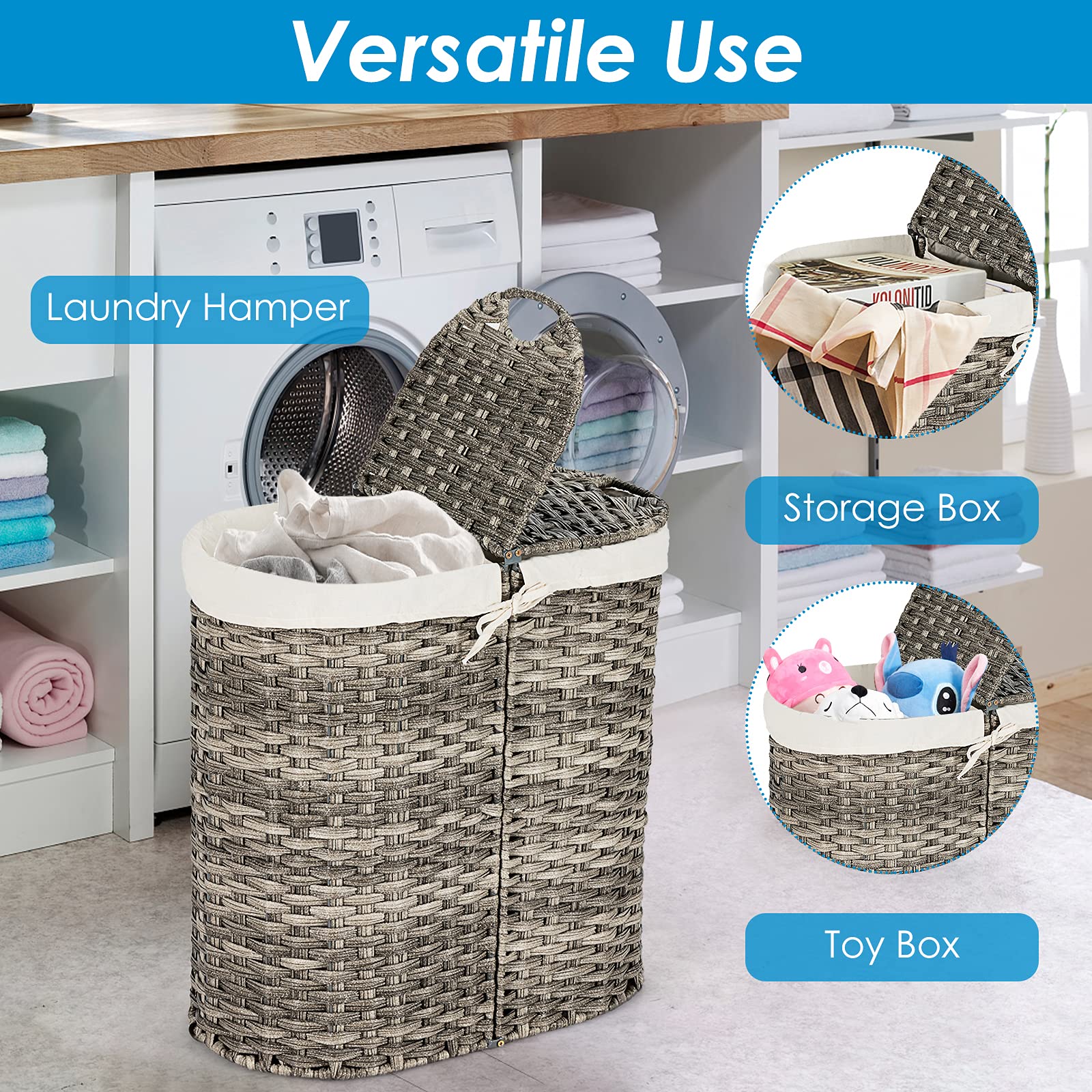 Giantex Double Laundry Hamper with Lid, Oval Laundry Basket with 2 Removable Liner Bags, Portable Handwoven Clothes Sorter Bin for Living Room Bedroom Laundry (Gray)