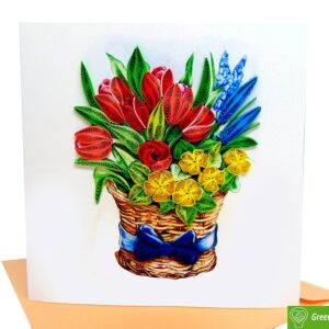 Mixed Flower basket, Quilling Card 3D,Unique Dedicated Handmade, Design Greeting Card for Birthday, Valentine's Day, Mothers Day, Spring, Fathers Day, Graduation, Wedding, All Occasion,6"x6"