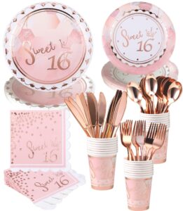 rose gold sweet 16 birthday decorations for girls - serves 16 - includes sweet 16th plates and napkins party supplies cups cutlery for sweet sixteen party