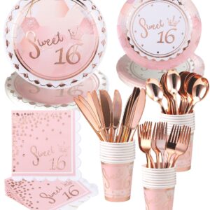 Rose Gold Sweet 16 Birthday Decorations for Girls - Serves 16 - Includes Sweet 16th Plates and Napkins Party Supplies Cups Cutlery for Sweet Sixteen Party