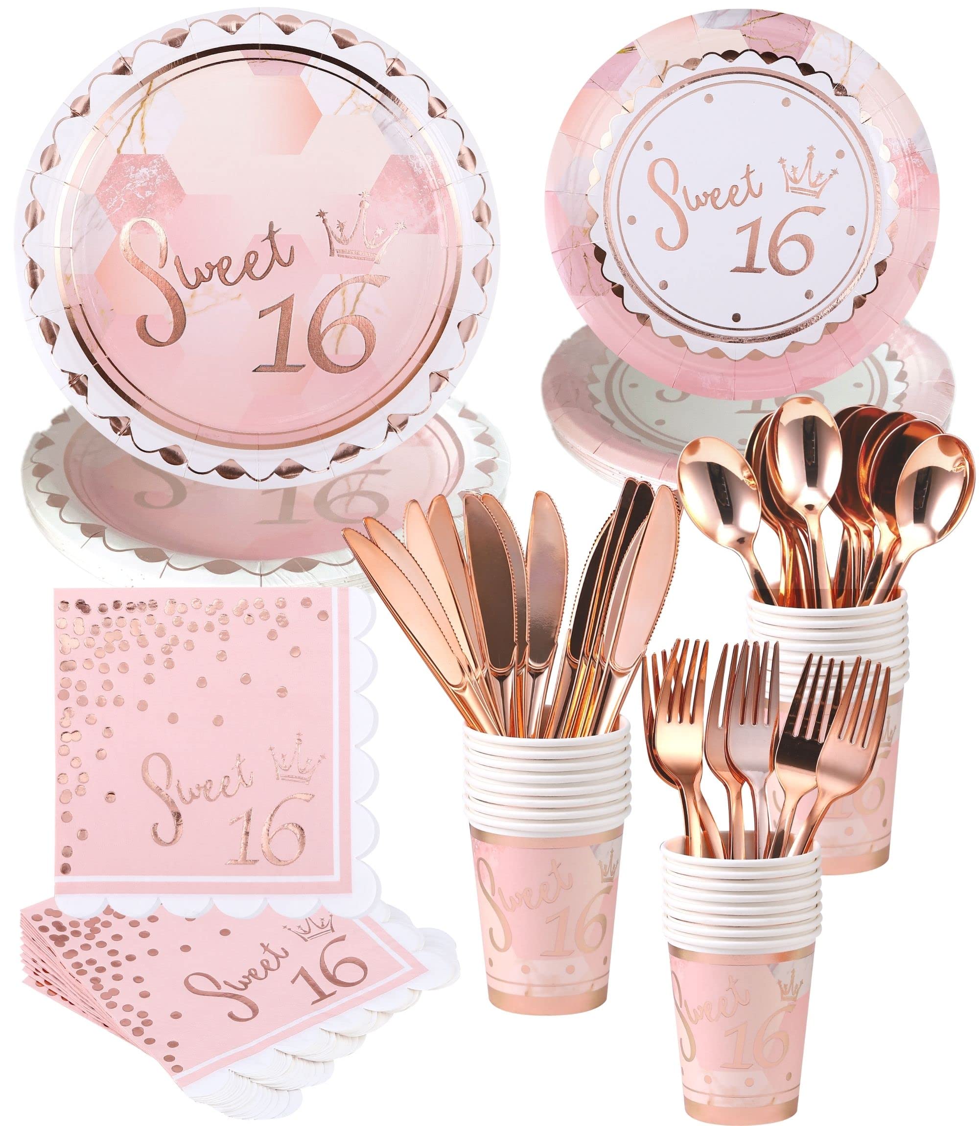 Rose Gold Sweet 16 Birthday Decorations for Girls - Serves 16 - Includes Sweet 16th Plates and Napkins Party Supplies Cups Cutlery for Sweet Sixteen Party