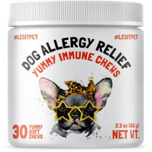 allergy relief chews for dogs & immune & digestive supplement with wild salmon oil kelp colostrum turmeric probiotics & bee pollen for seasonal allergies anti itch, skin hot spots 30 soft treats