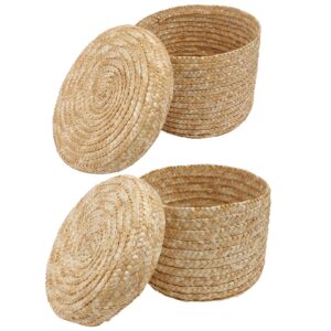 Cabilock 2pcs Straw Storage Basket Desktop Wicker Magazine Baskets Hampers for Laundry with Lid Seagrass Storage Baskets Snack Container Wheat Straw Decorative Basket to Weave