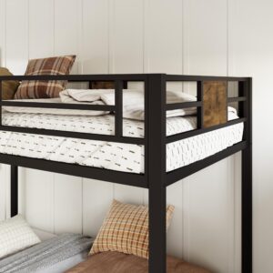 Allewie Twin Over Twin Bunk Bed with Rustic Wooden Accents, Sturdy Metal Frame, Space-Saving Design, Noise-Free, Black