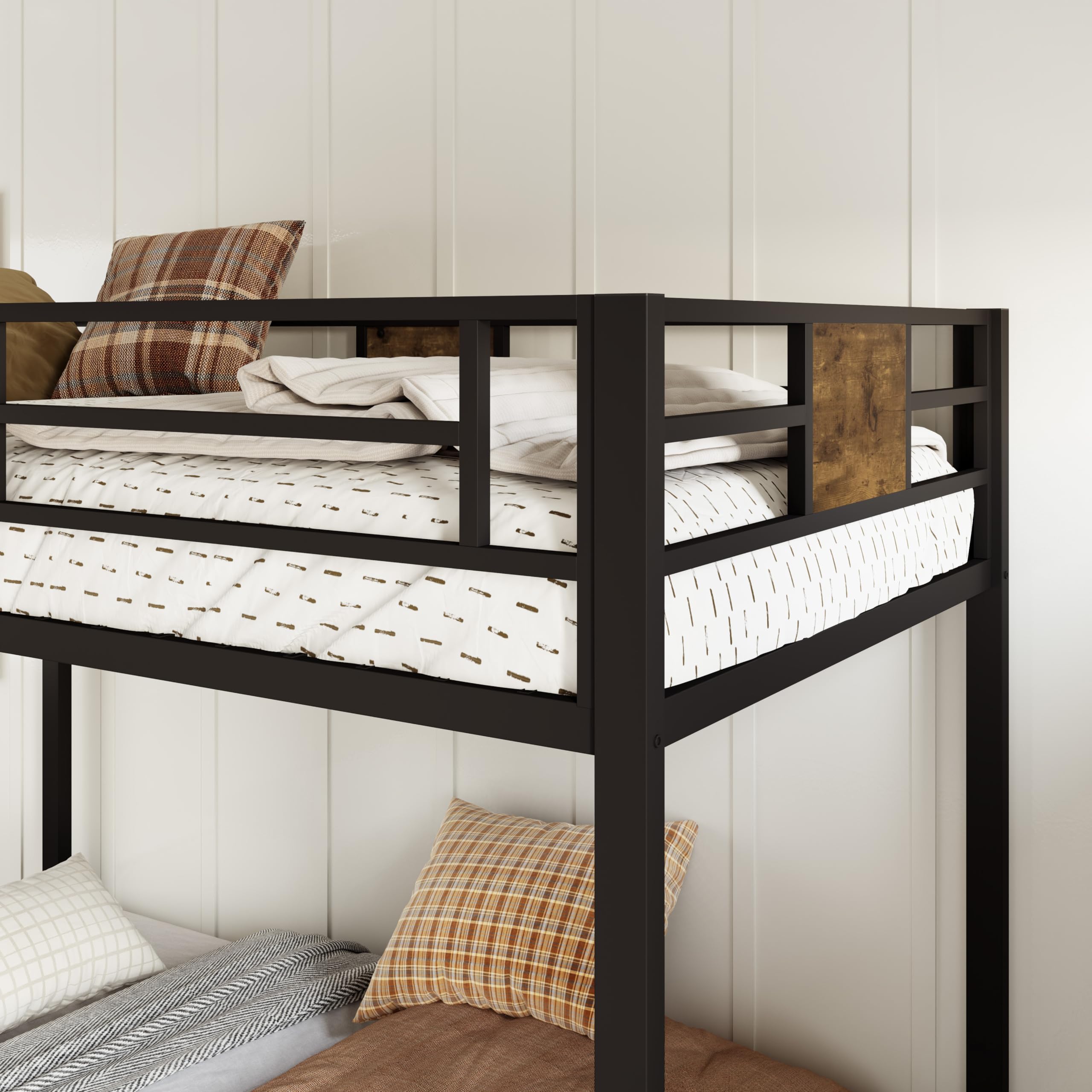 Allewie Twin Over Twin Bunk Bed with Rustic Wooden Accents, Sturdy Metal Frame, Space-Saving Design, Noise-Free, Black