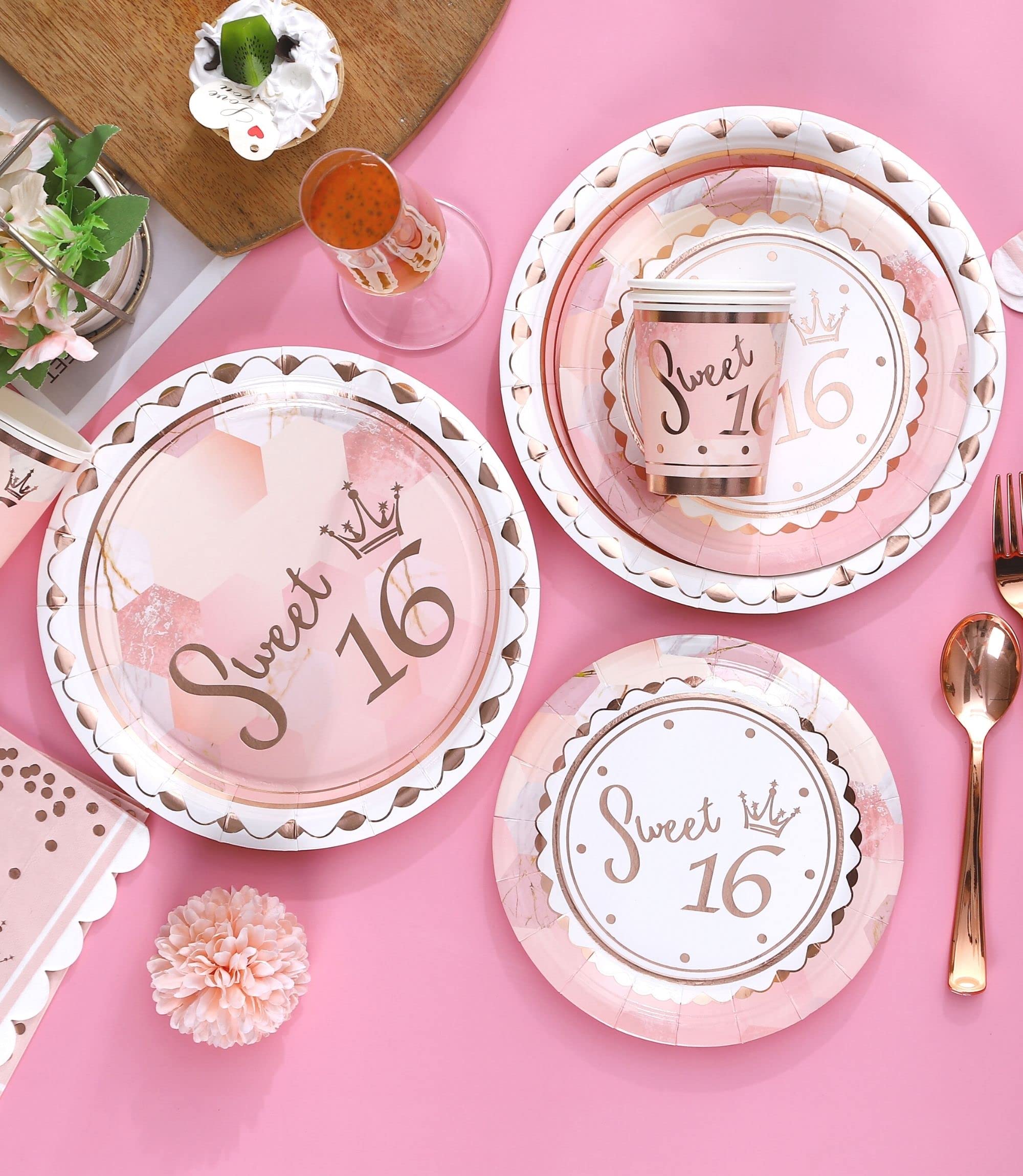 Rose Gold Sweet 16 Birthday Decorations for Girls - Serves 16 - Includes Sweet 16th Plates and Napkins Party Supplies Cups Cutlery for Sweet Sixteen Party