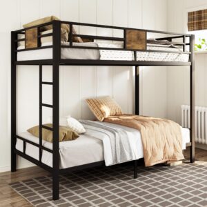 allewie twin over twin bunk bed with rustic wooden accents, sturdy metal frame, space-saving design, noise-free, black