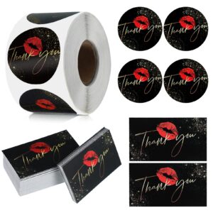 zonon 600 pcs red lip thank you cards and stickers set, 500 pcs thank you round sticker kiss envelope seal 100 pcs kiss appreciation card, thank you roll label and card for christmas valentines gift