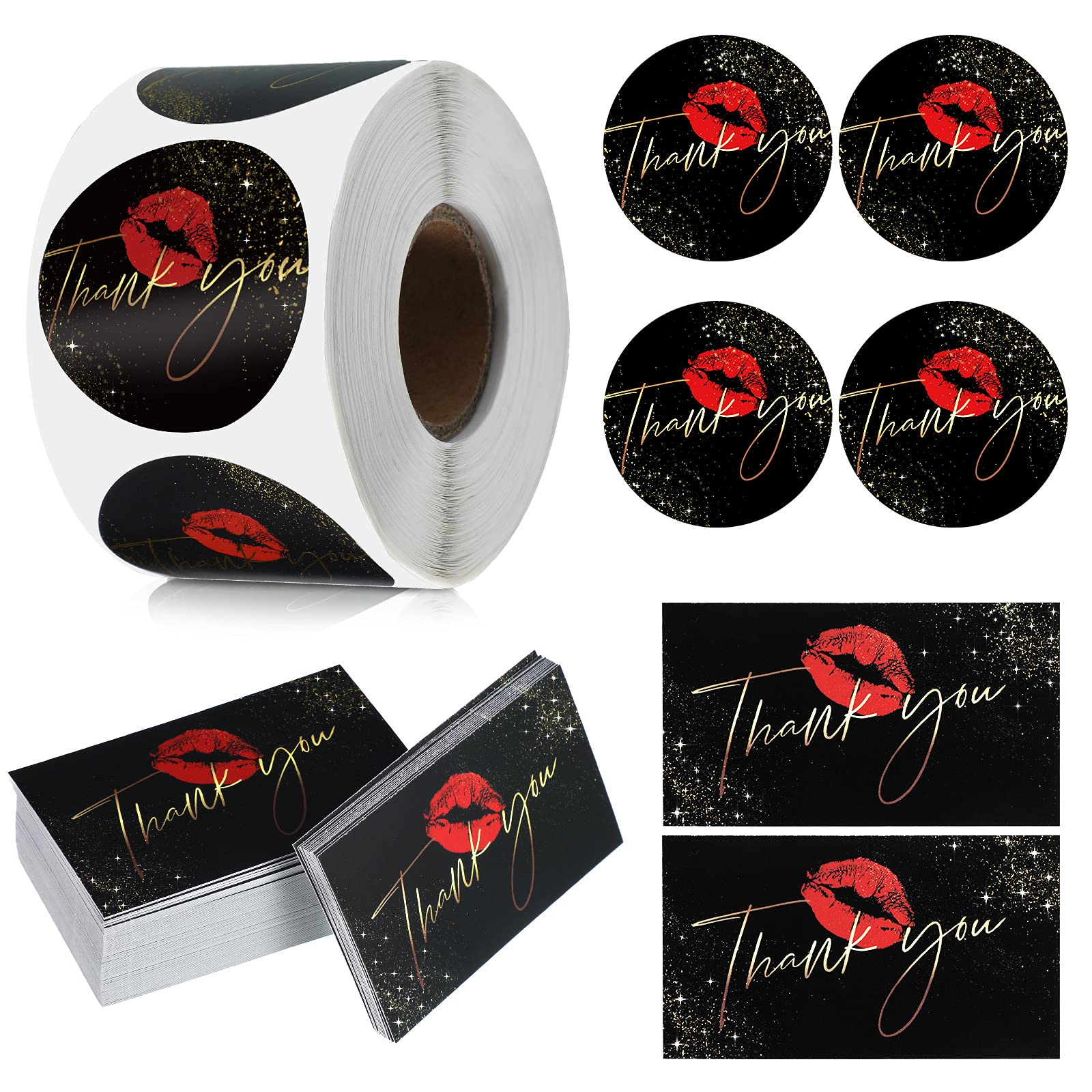 Zonon 600 Pcs Red Lip Thank You Cards and Stickers Set, 500 Pcs Thank You Round Sticker Kiss Envelope Seal 100 Pcs Kiss Appreciation Card, Thank You Roll Label and Card for Christmas Valentines Gift