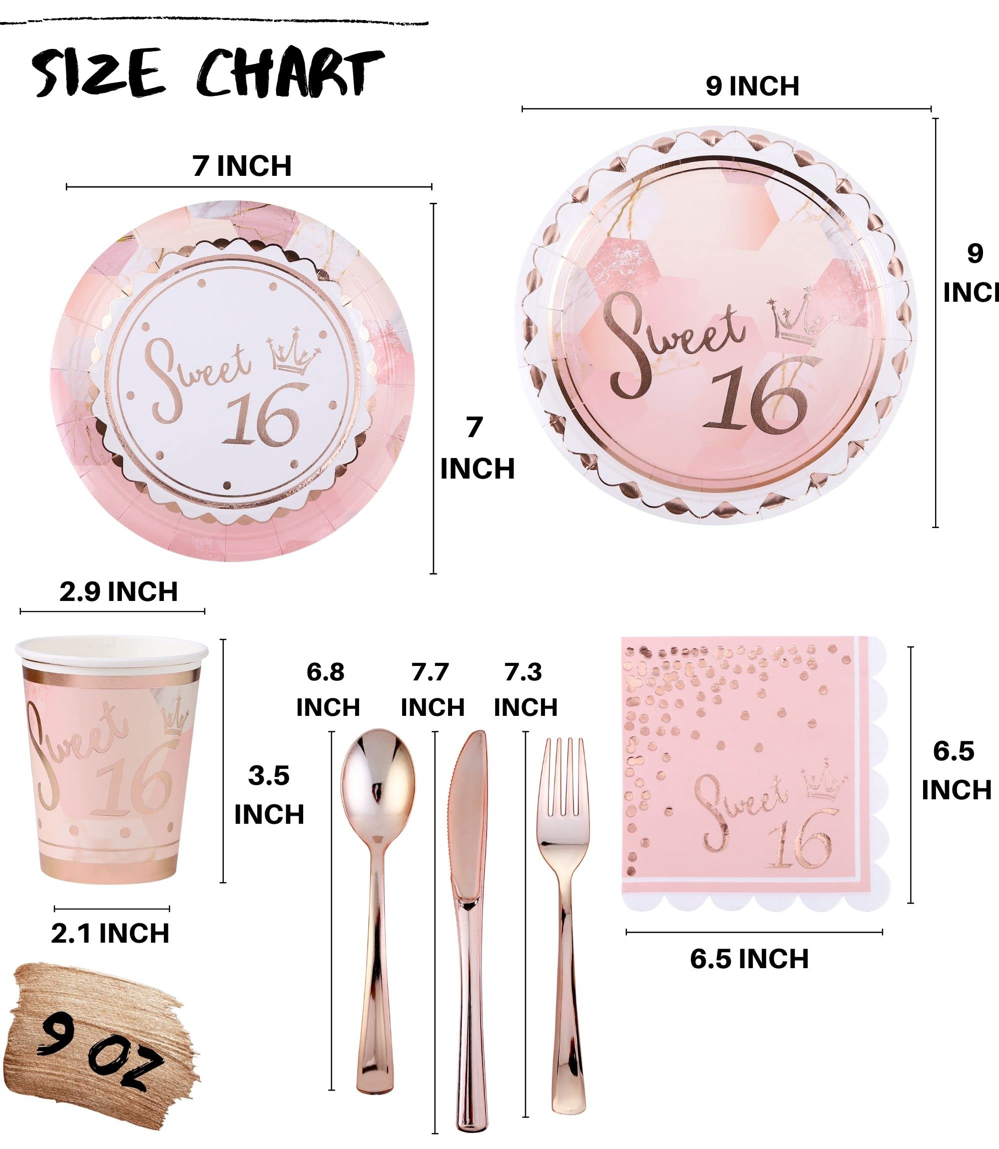 Rose Gold Sweet 16 Birthday Decorations for Girls - Serves 16 - Includes Sweet 16th Plates and Napkins Party Supplies Cups Cutlery for Sweet Sixteen Party